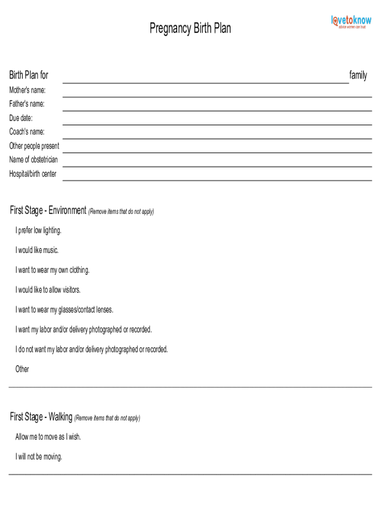 Fillable Online Printable Pregnancy Brith Plan. Printable Pregnancy ...