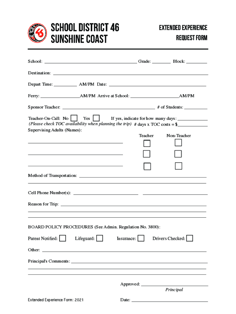 Fillable Online sd46 bc EXTENDED EXPERIENCE REQUEST FORM Fax Email ...