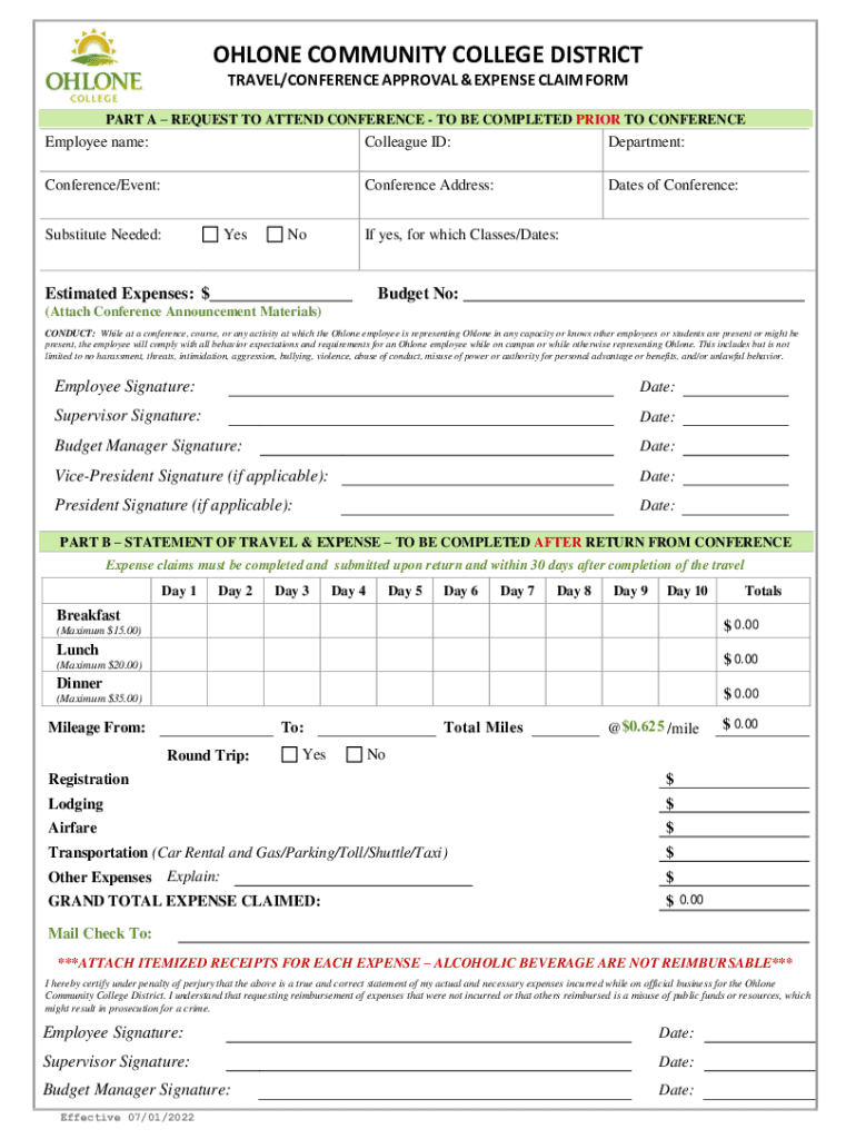 Fillable Online travel/conference approval & expense claim form Fax ...