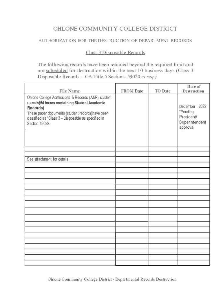 Fillable Online Destruction of Records Proposal - Ohlone College Fax ...