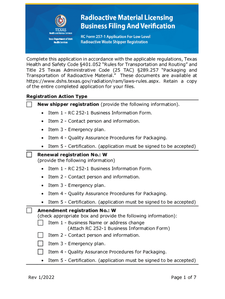Fillable Online RC Form 257-1 APPLICATION FOR A LOW LEVEL RADIOACTIVE ...
