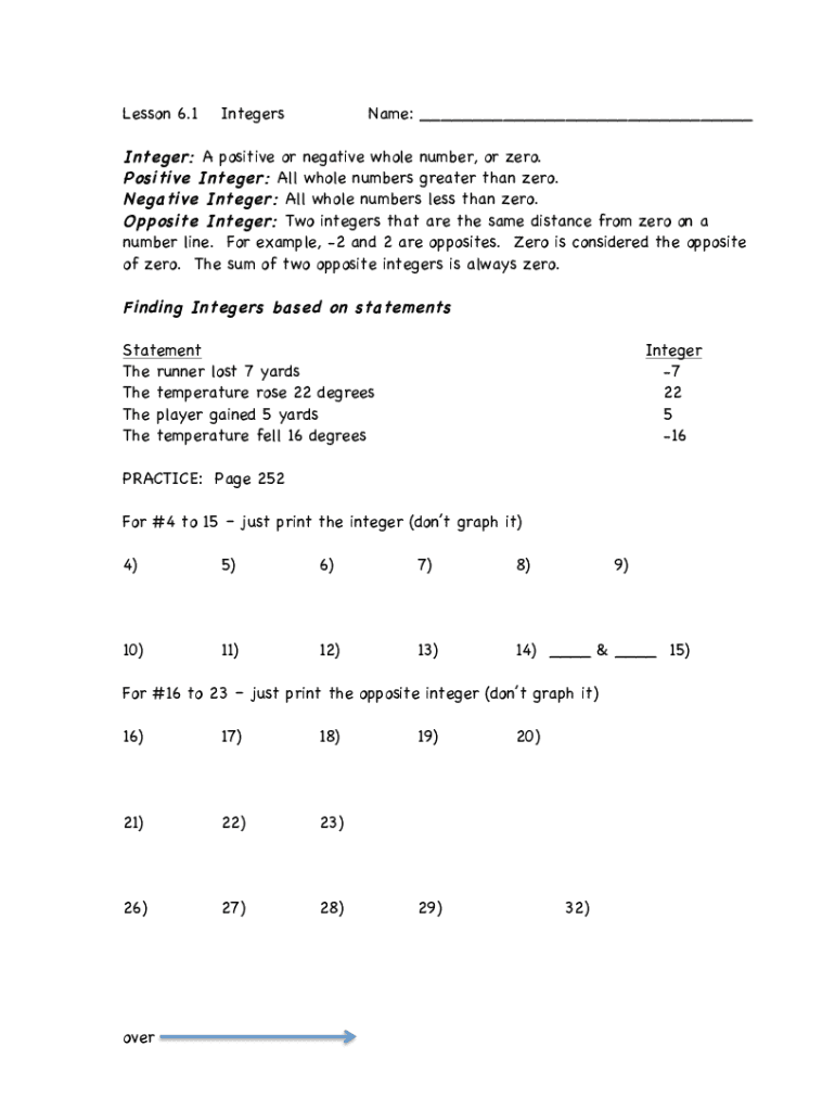 Fillable Online Integer: a Positive Or Negative Whole Number, Or Zero. Positive Integer ... Fax ...