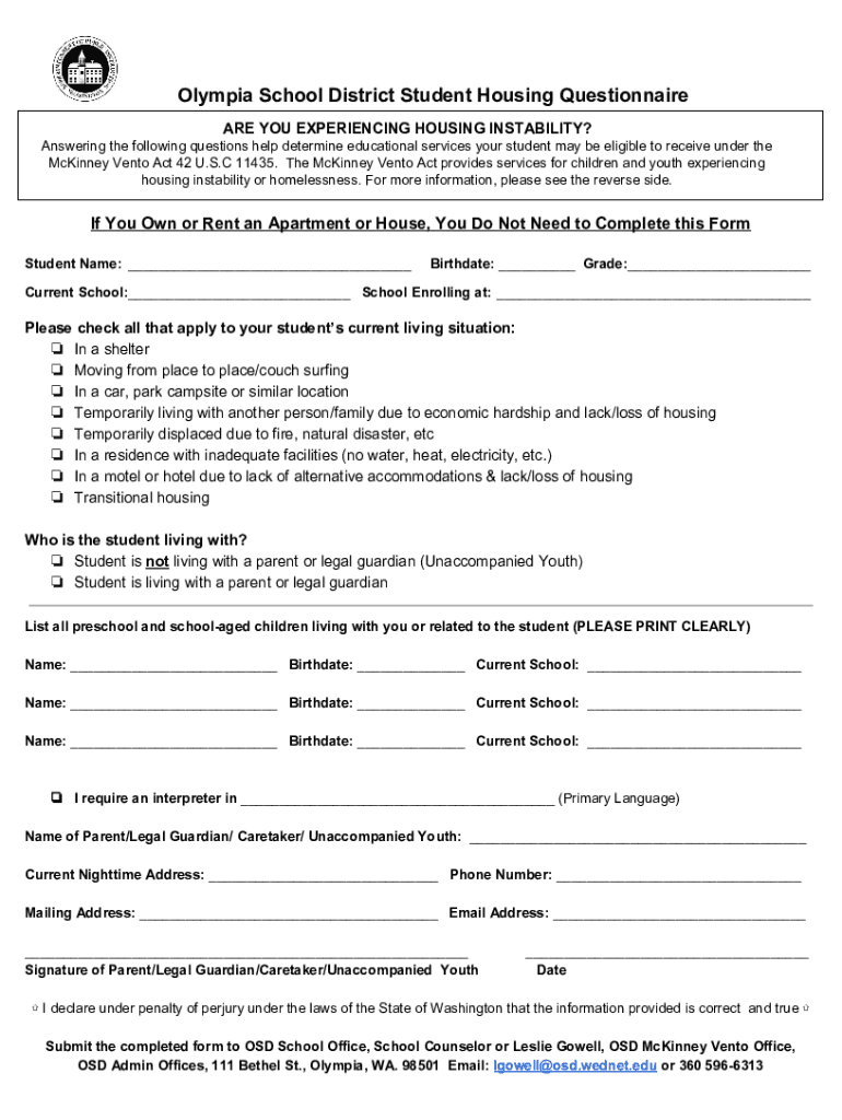Fillable Online Olympia School District Student Housing Questionnaire ...