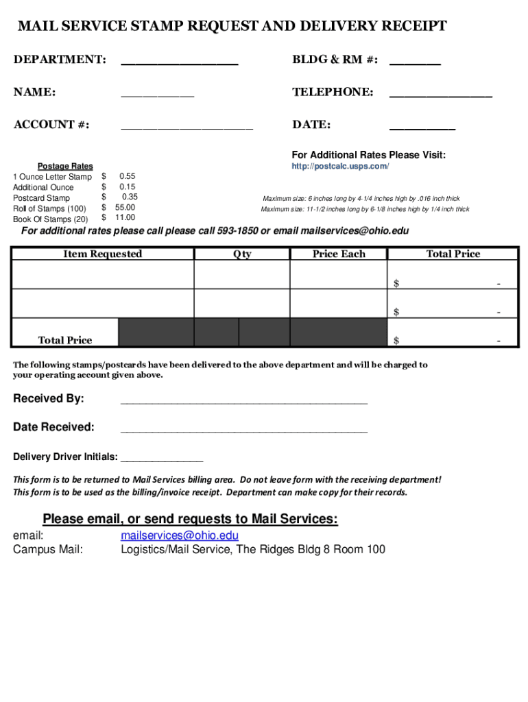 Fillable Online MAIL SERVICE STAMP REQUEST AND DELIVERY RECEIPT Fax Email Print - pdfFiller