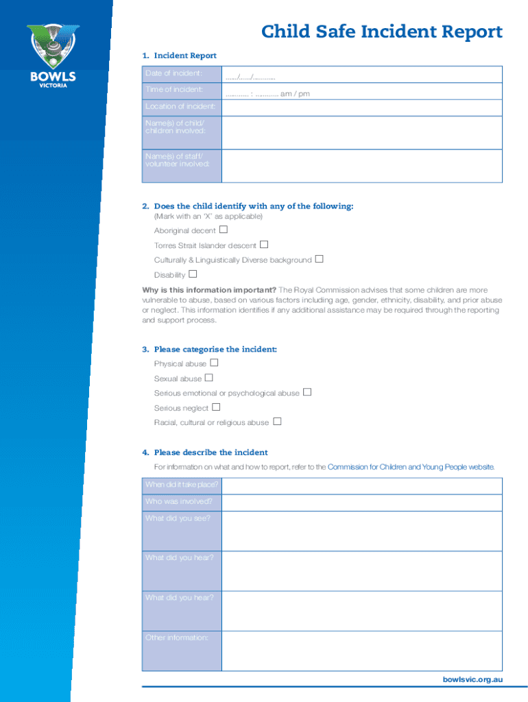 Fillable Online CHILD SAFETY INCIDENT REPORTINCIDENT REPORT FORM TYPE ...