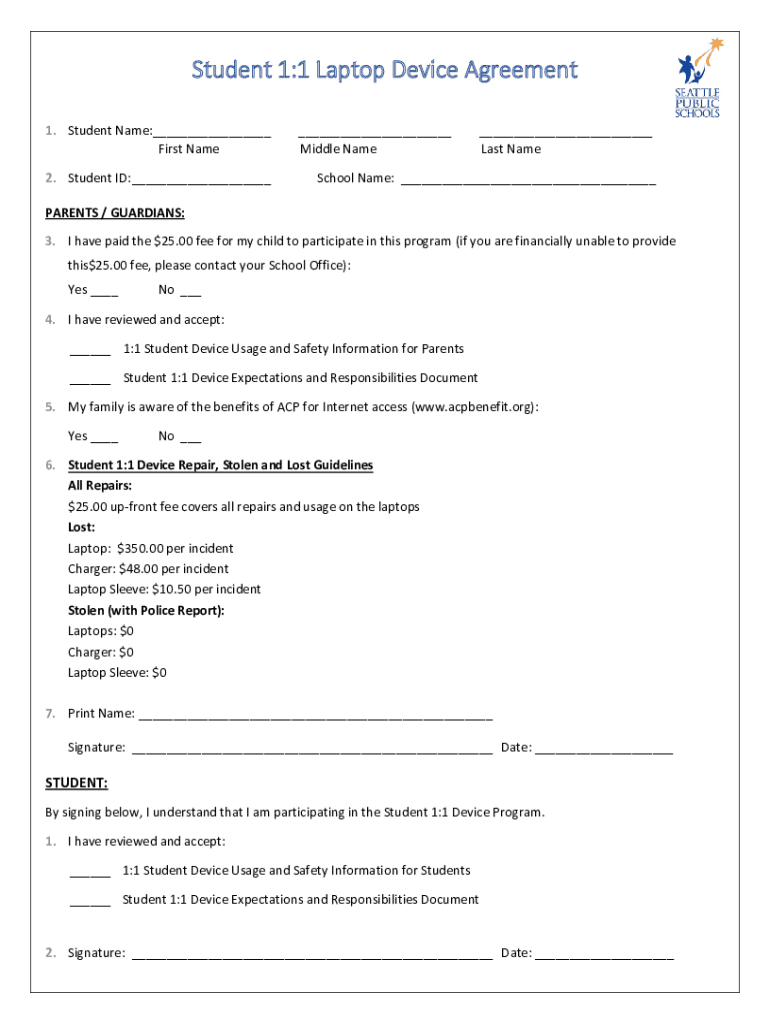 Fillable Online 2022-2023 Student 1:1 Laptop Device Agreement Fax Email ...