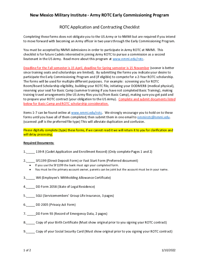 Fillable Online New Mexico Military Institute Army ROTC Early ...