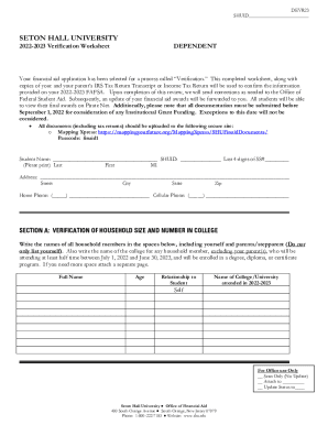 Fillable Online Dependent Verification Worksheet - Seton Hall ...