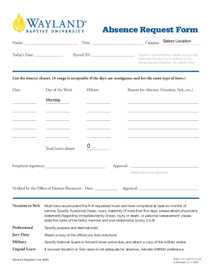 Fillable Online Absence Request Form - Wayland Baptist University Fax Email Print - pdfFiller