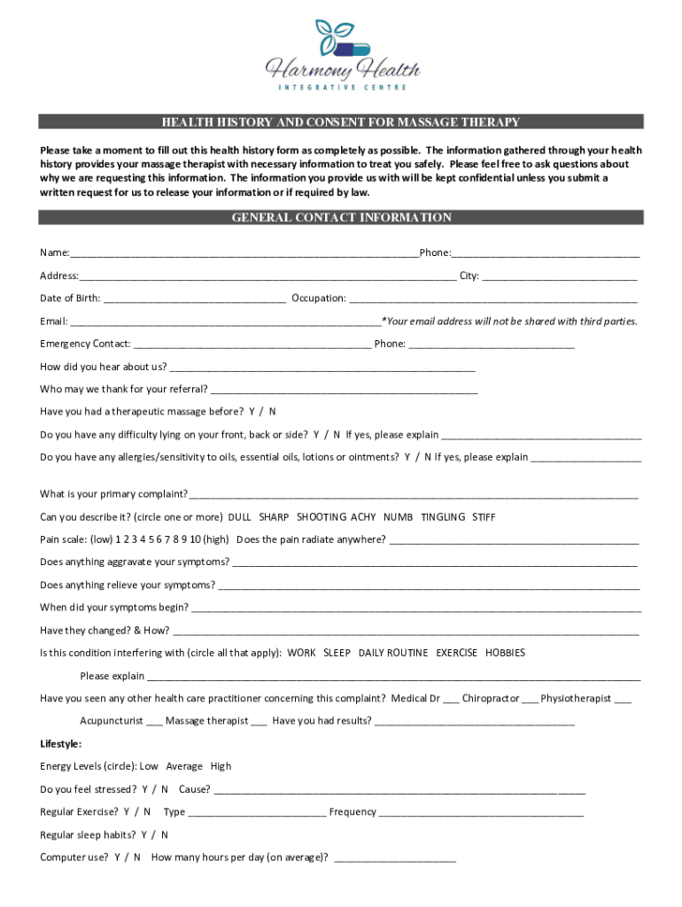 Fillable Online HEALTH HISTORY AND CONSENT FOR MASSAGE THERAPYMassage ...