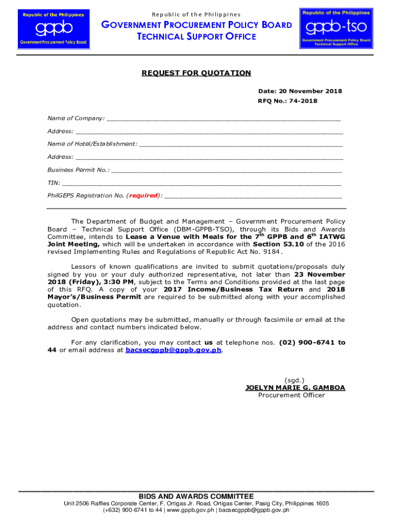 Fillable Online 3) RFQ 74-2018 Lease of Venue with Meals for the 7th ...