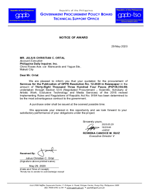 Fillable Online Notice of Award - Government Procurement Policy Board ...