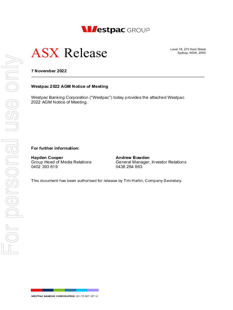 Fillable Online ASX Release Level 18, 275 Kent Street For personal use ...
