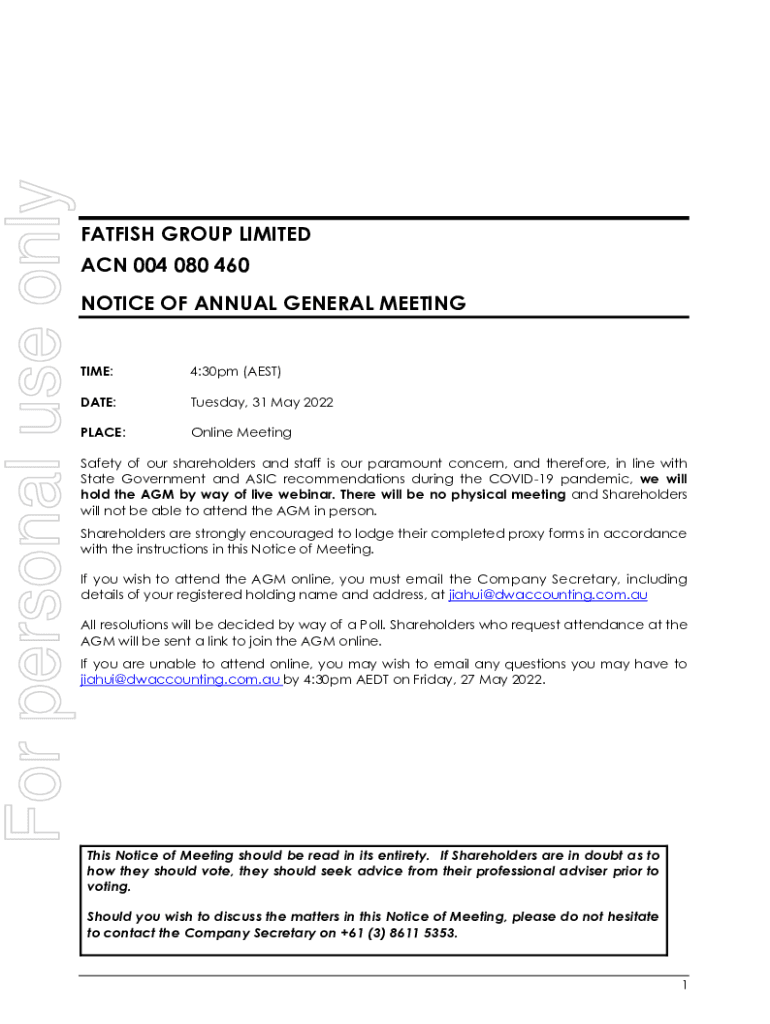 Fillable Online FFG - Notice of AGM and Proxy Form (ASX Approved) Fax ...