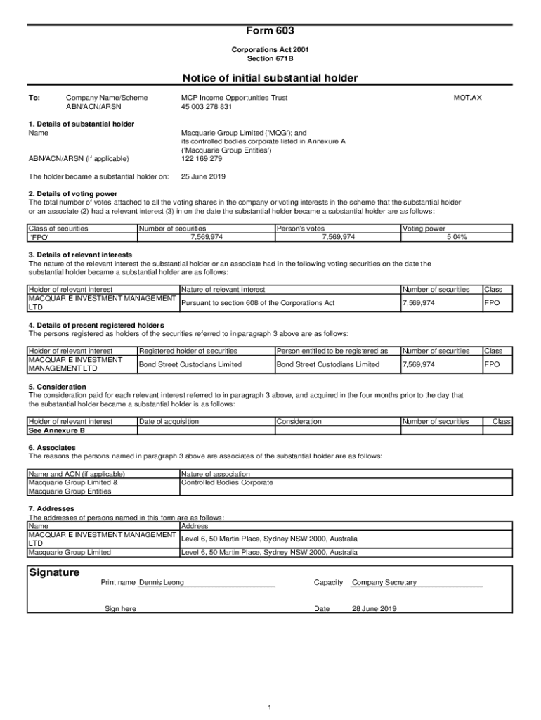 Fillable Online Signature Notice of initial substantial holder Form 603 ...
