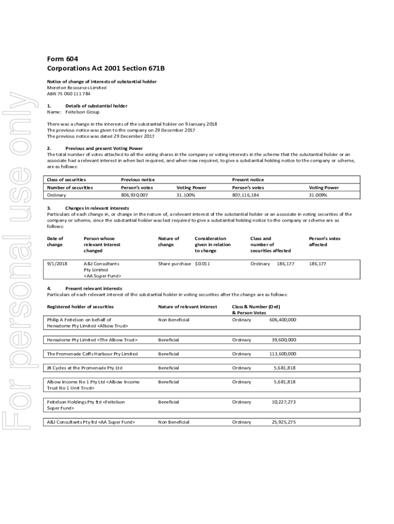 Fillable Online Form 604 Corporations Act 2001 Section 671B. Notice of ...
