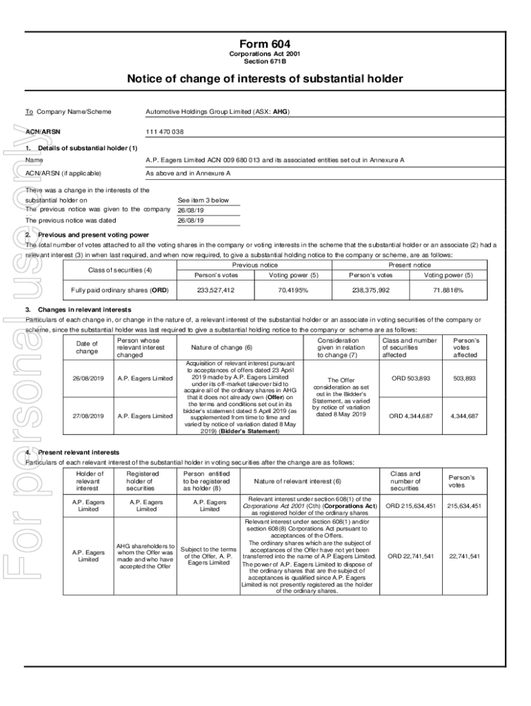 Fillable Online 15 APE form 604 for AHG - ASX Fax Email Print - pdfFiller