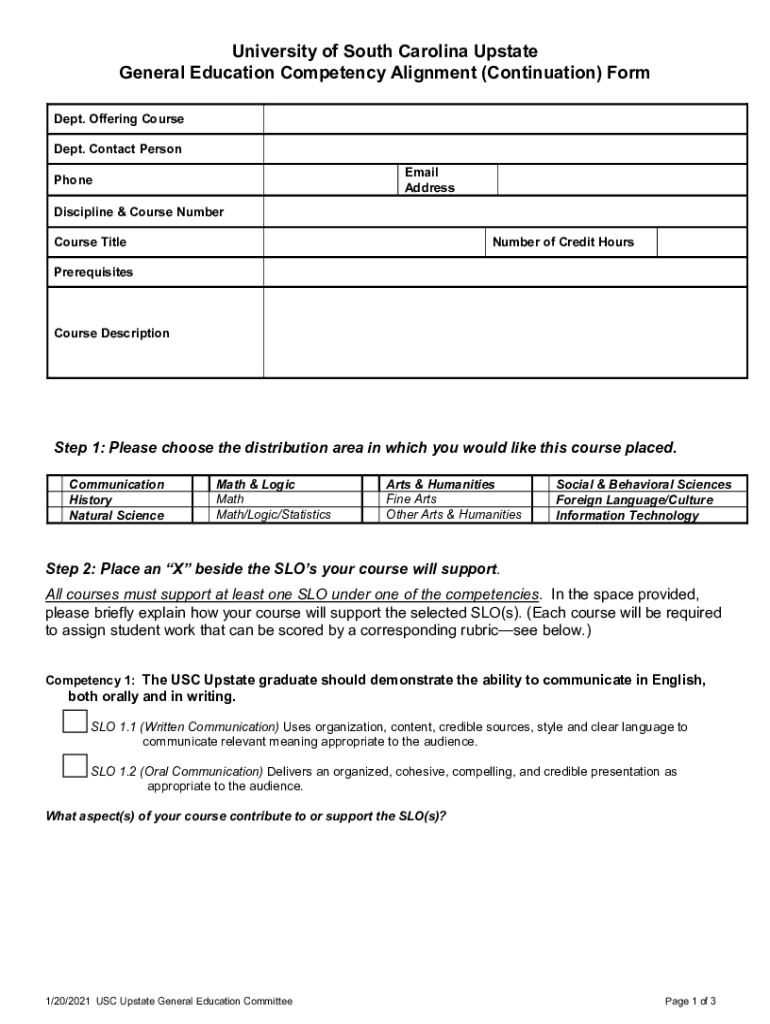 Fillable Online General Education Competency Alignment (Continuation ...