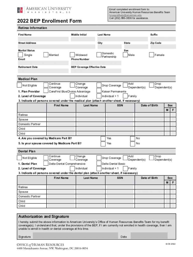 Fillable Online American University 2022 BEP Enrollment Form Fax Email ...