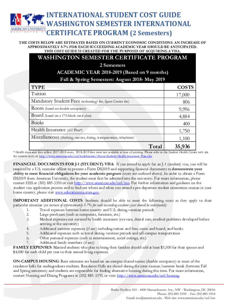 Fillable Online International Student Cost Guide Washington Semester ...