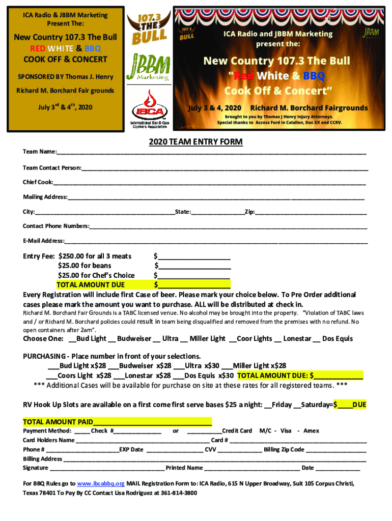 Fillable Online 2020 TEAM ENTRY FORM New Country 107.3 The Bull RED ...