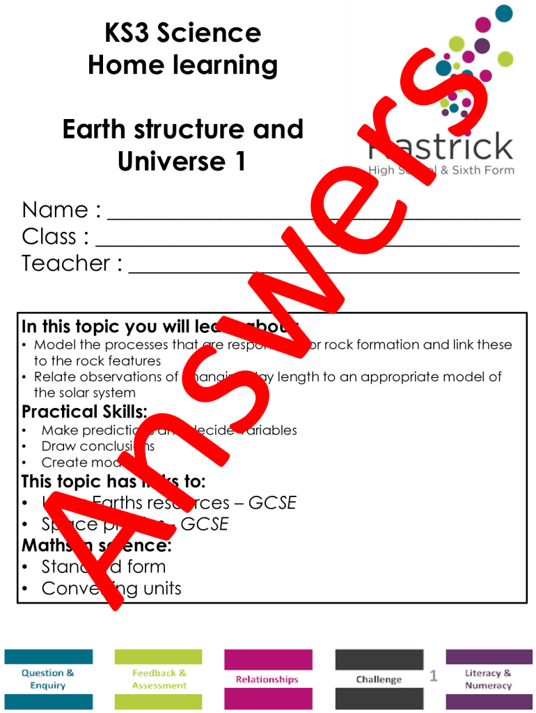 Fillable Online KS3 Science Home learning Earth structure and Universe ...