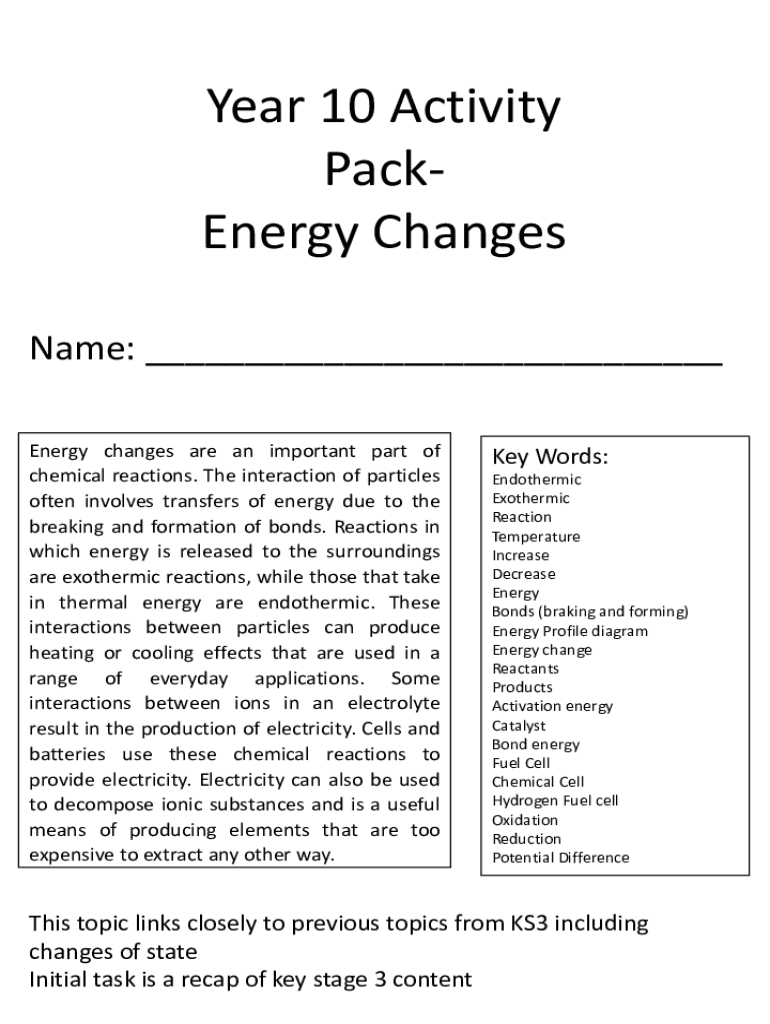 Fillable Online Year 10 Activity Pack- Energy Changes Fax Email Print ...