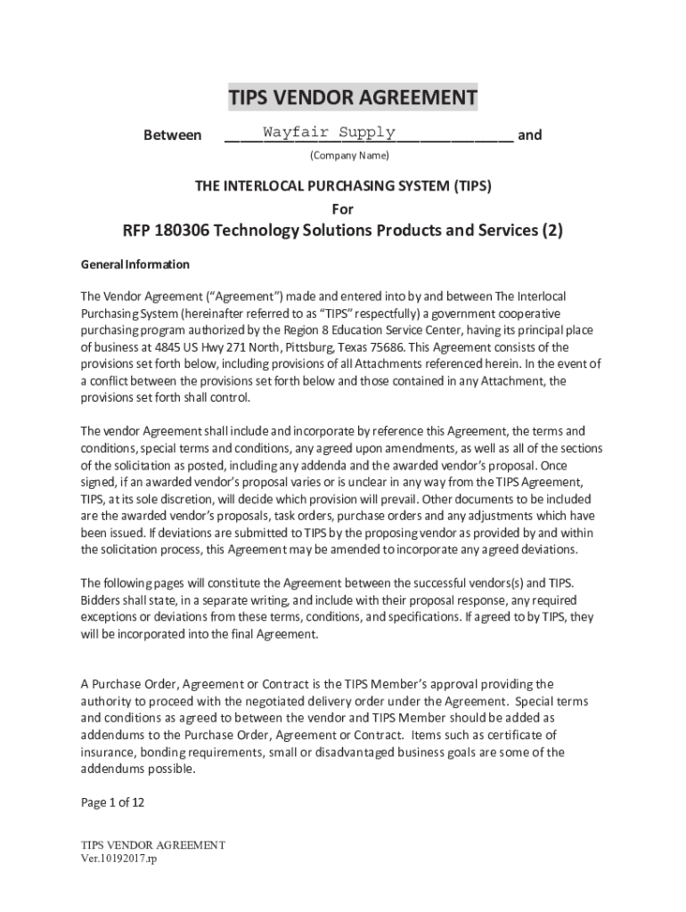Fillable Online Fillable Online TIPS VENDOR AGREEMENT - The Interlocal ... Fillable Online Fillable Online TIPS VENDOR AGREEMENT - The Interlocal ...
