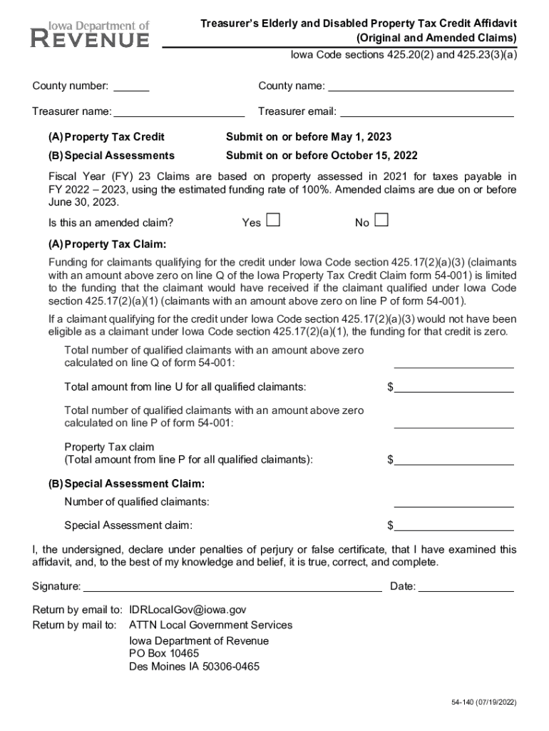 Fillable Online Treasurer's Elderly and Disabled Property Tax Credit Affidavit, 54-140 Fax Email ...