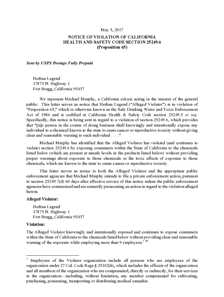 Fillable Online oag ca Get the free NOTICE OF VIOLATION OF CALIFORNIA HEALTH AND SAFETY CODE ...