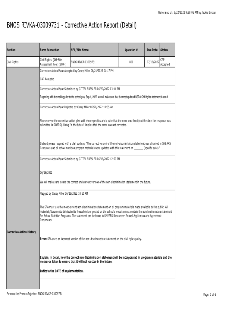 Fillable Online BNOS RIVKA-03009731 - Corrective Action Report (Detail) Fax Email Print - pdfFiller