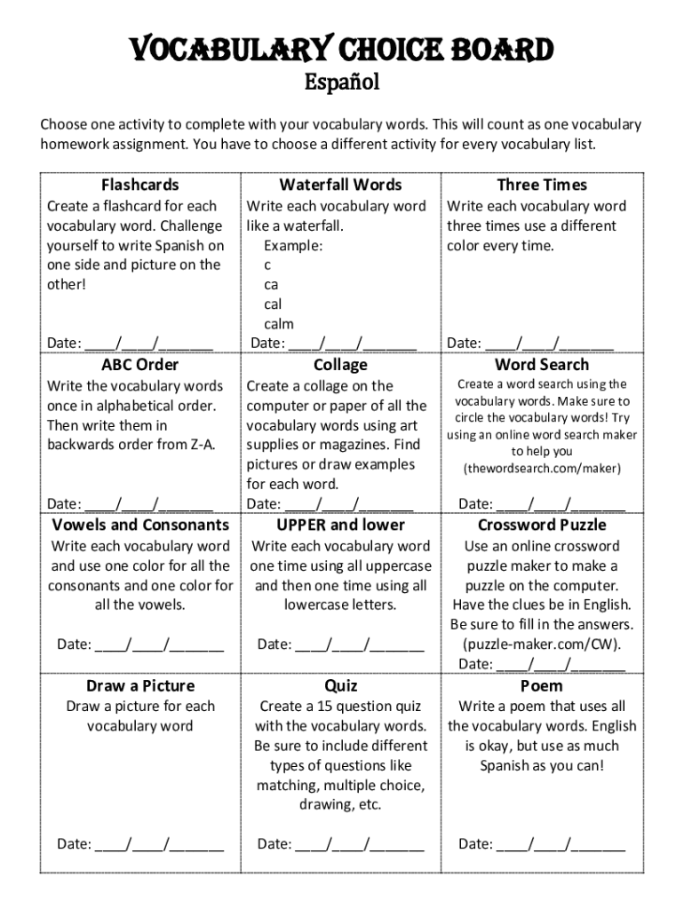 Fillable Online vocabulary choice board.docx - Vocabulary Choice Board ...