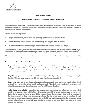 Fillable Online BEAL SIXTH FORM SIXTH FORM CONTRACT PLEASE READ ...