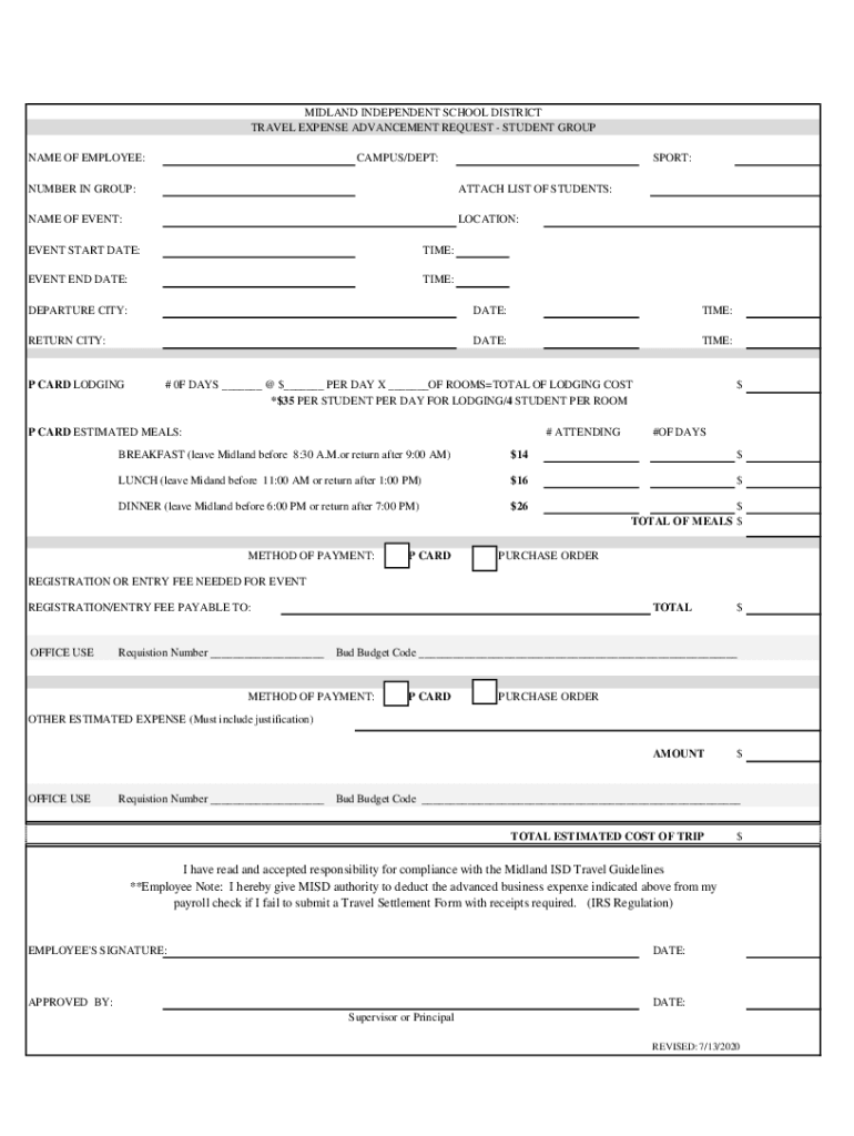 Fillable Online MIDLAND INDEPENDENT SCHOOL DISTRICT TRAVEL EXPENSE ADVANCEMENT REQUEST ... Fax ...