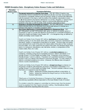 Fillable Online PEIMS Discipline Data - Disciplinary Action Reason ...