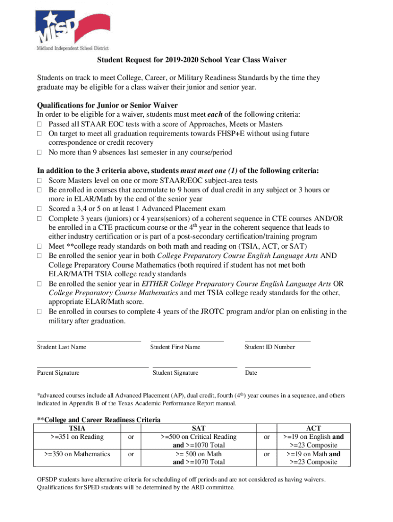 Fillable Online Student Request for 2019-2020 School Year Class Waiver ...