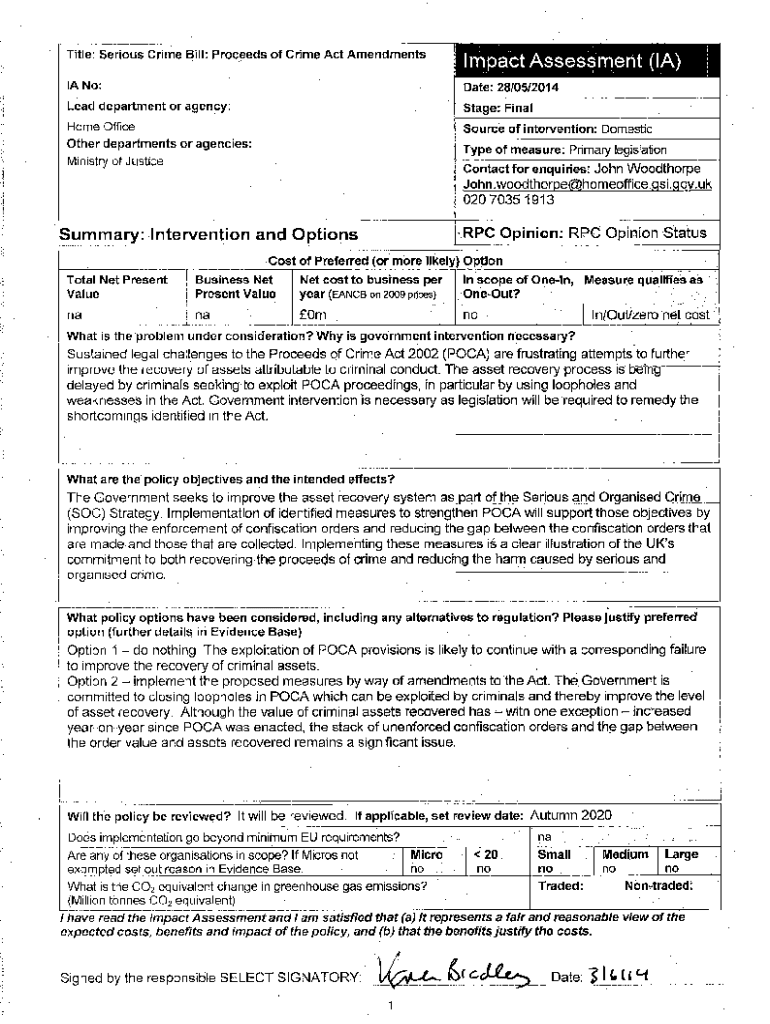 Fillable Online proceeds of crime impact assessment. serious crime bill ...