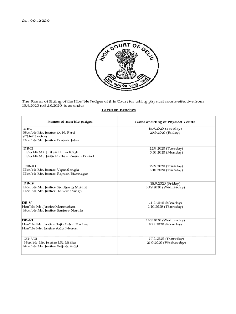 Fillable Online delhihighcourt nic The Roster of Sitting of the Honble ...