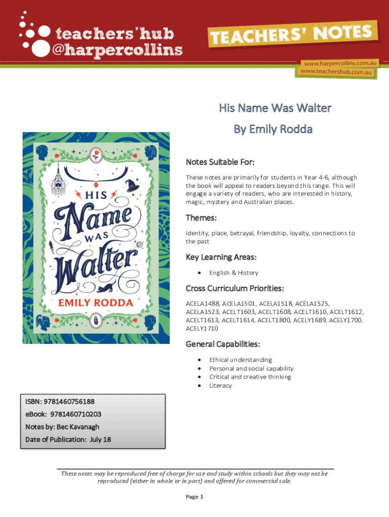Fillable Online His Name Was Walter By Emily Rodda - teachershub.com ...