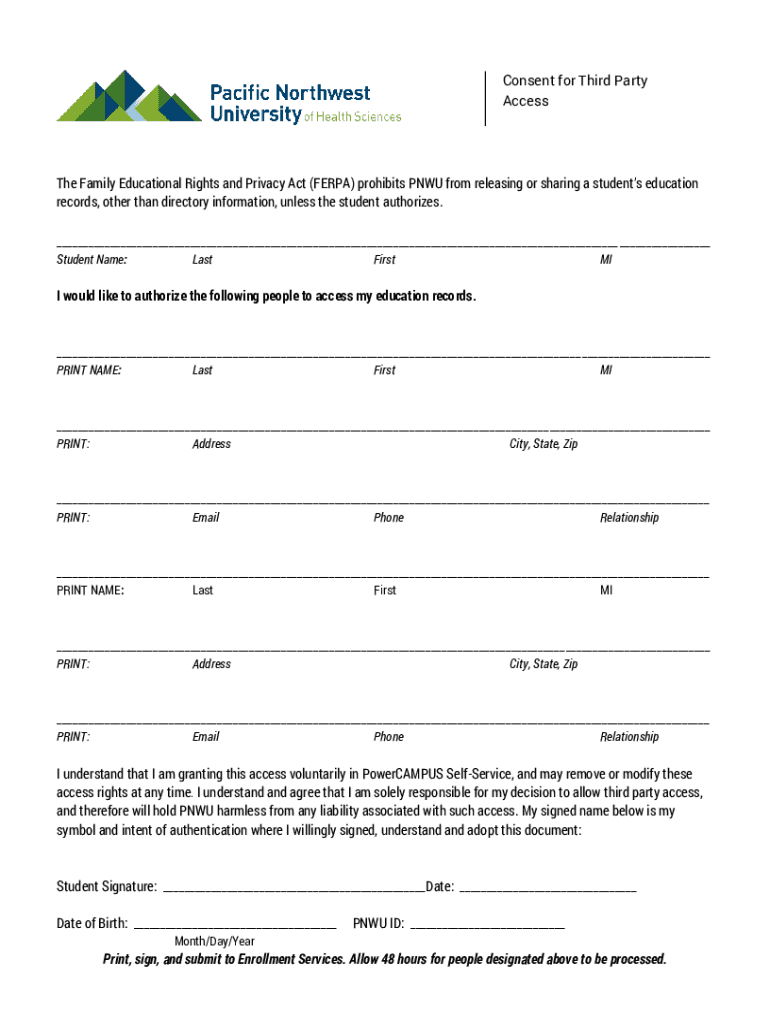 Fillable Online Consent for Third Party Access PNWU Fax Email Print ...