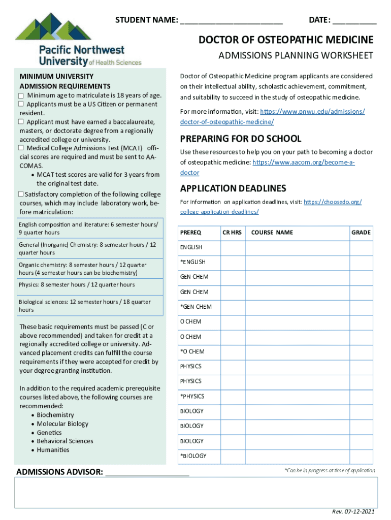 Fillable Online doctor of osteopathic medicine - admissions planning ...