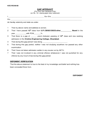 Fillable Online GAP AFFIDAVIT - (For First Year Students Only) (on Rs ...