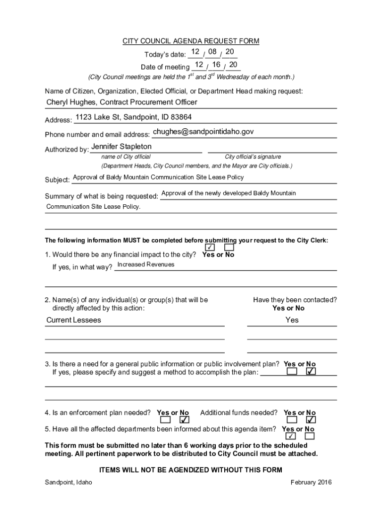 Fillable Online CITY COUNCIL AGENDA REQUEST FORM - Romulus, MI Fax Email Print - pdfFiller