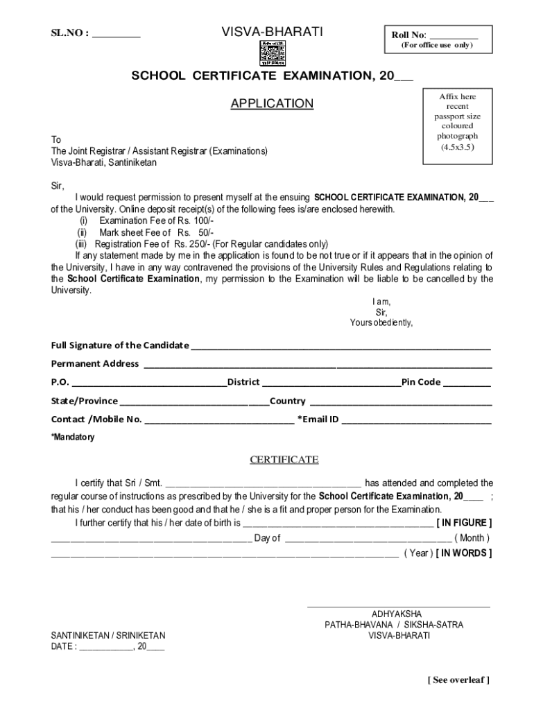 Fillable Online visvabharati ac Application Form for School Certificate ...
