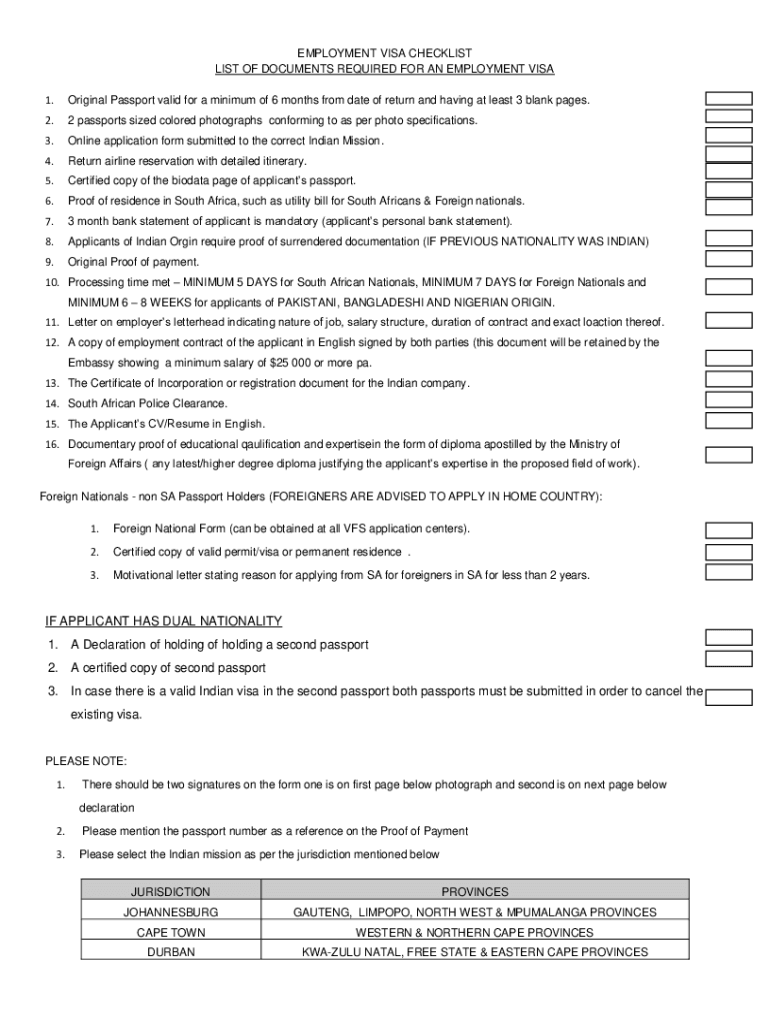 Fillable Online LIST OF DOCUMENTS REQUIRED FOR AN EMPLOYMENT VISA - VFS ...