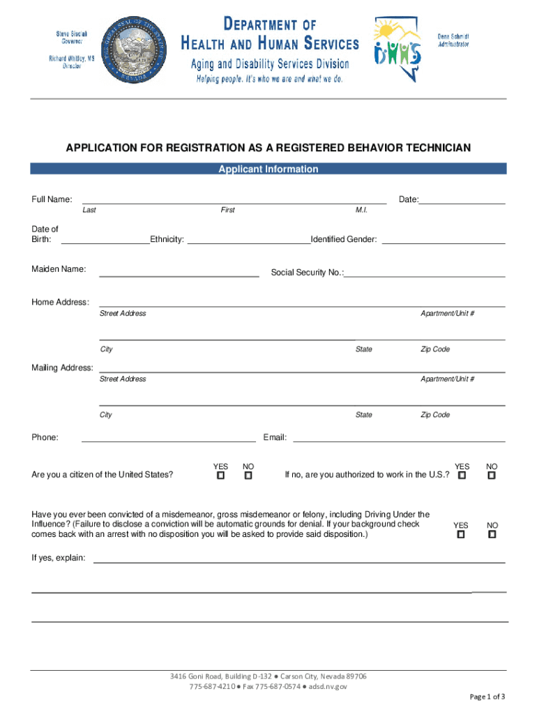 Fillable Online APPLICATION FOR REGISTRATION AS A REGISTERED BEHAVIOR ...
