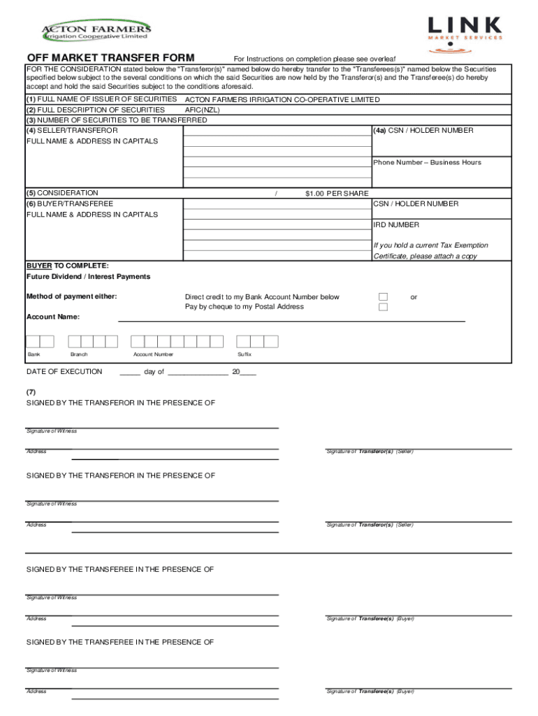 Fillable Online Off-Market Transfer Form - bayfinancialpartners.co.nz Fax Email Print - pdfFiller