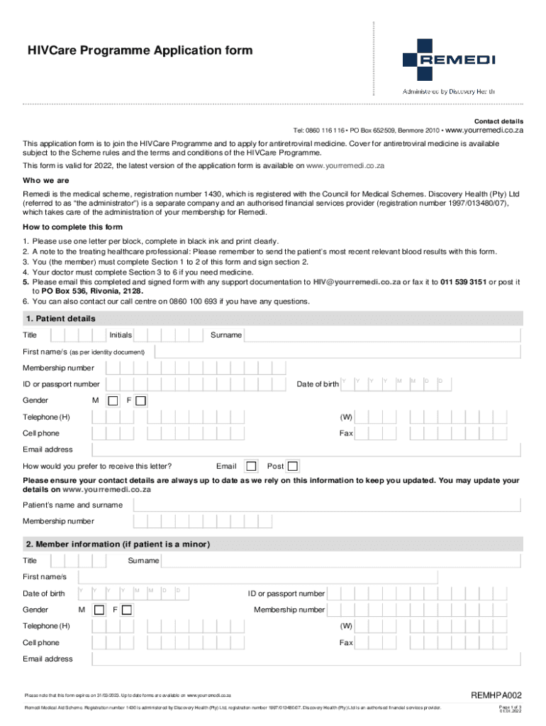 Fillable Online HIVCare Programme Application form - yourremedi.co.za ...