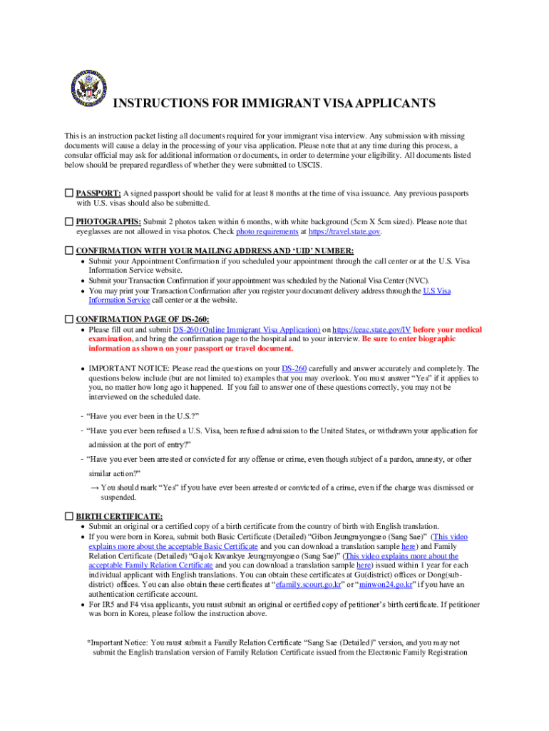 Fillable Online INSTRUCTION FOR IMMIGRANT VISA APPLICANTS - United ...