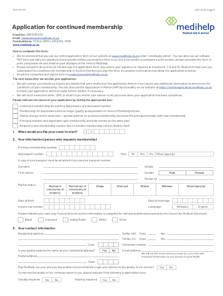 Fillable Online Application for continued membership - Medihelp Medical Scheme Fax Email Print ...
